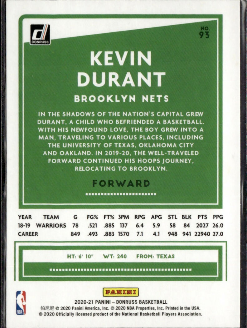 2020-21 Donruss #93 Kevin Durant Brooklyn Nets – US Sports Cards Australia