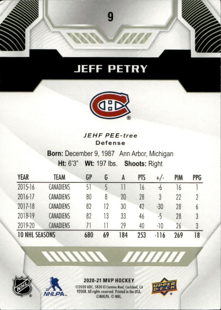 2020-21 Upper Deck MVP Hockey - Base #9 Jeff Petry - Montreal Canadien ...