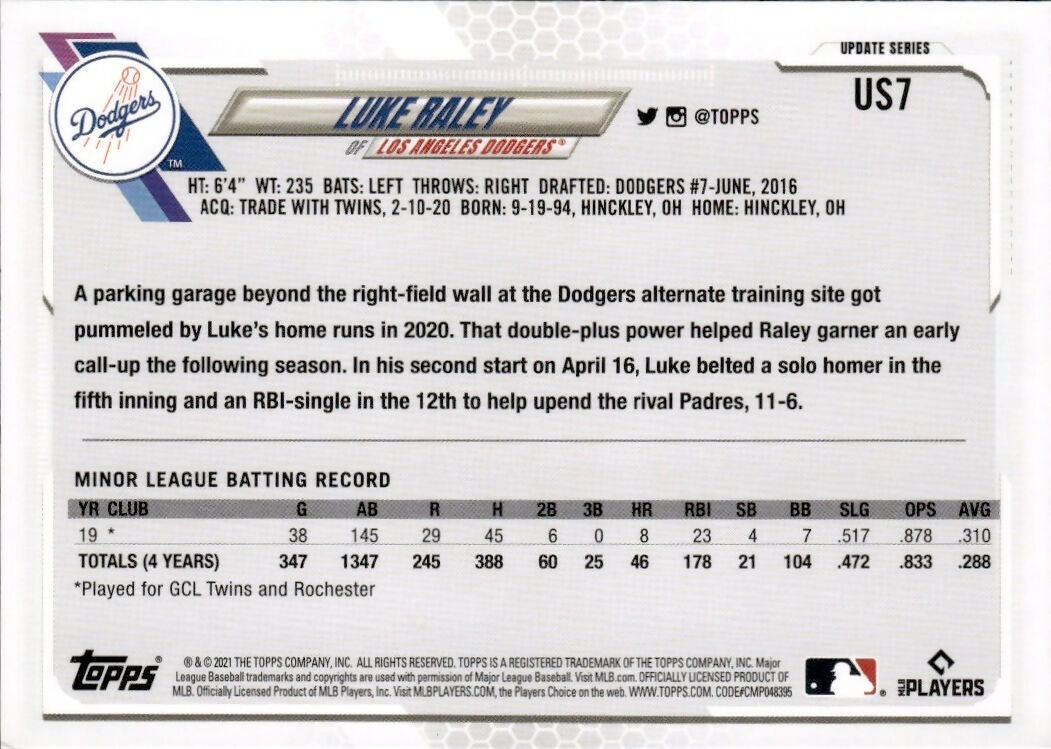 2021 Topps Update #US7 Luke Raley Los Angeles Dodgers Rookie – US ...