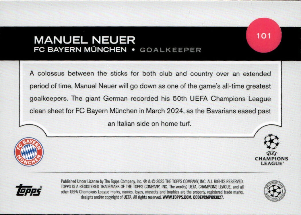 2024-25 Topps UEFA Club Competitions - Base #101 Manuel Neuer - FC Bay ...